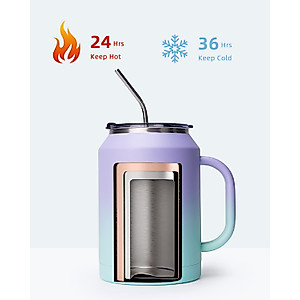 Trebo Water Bottle 64oz with Paracord Handle, Half Gallon Food-grade Double Wall Vacuum Stainless Steel Insulated Jug with Straw Spout Handle Lids,&Trebo 50 oz Mug Tumbler with Handle, Coffee Cup