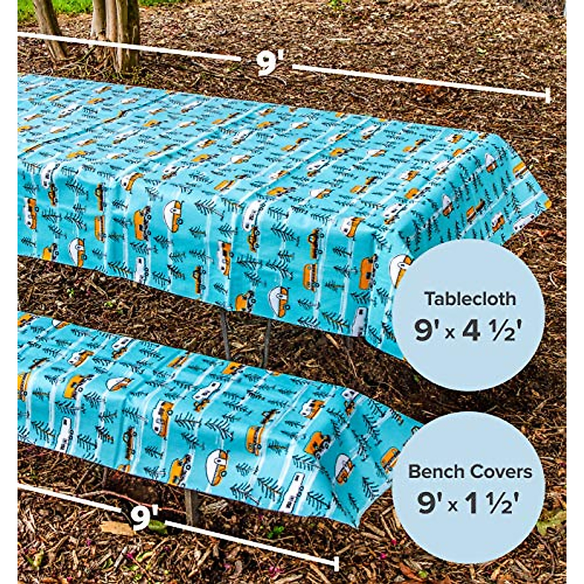 Camco Life is Better at the Campsite Tablecloth with Bench Covers | Provides a Clean Eating Surface for Outdoor Activities | Features an RV and Tree Sketch Design | (53380)