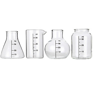 Lily's Home Mini Science Beaker and Flask Shot Glasses, Great Gift for Chemistry and Bio Grads, Nurses and Doctors, Clear 2 to 2 1/8" Tall, Set of 4 Assorted