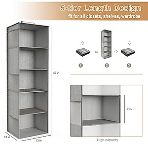 Criusia 2 Pack Hanging Closet Organizer 5 Shelves, Foldable Closet Organizers and Storage with 6 Side Pockets, Hanging Organizer for Closet Organization and Storage,Grey