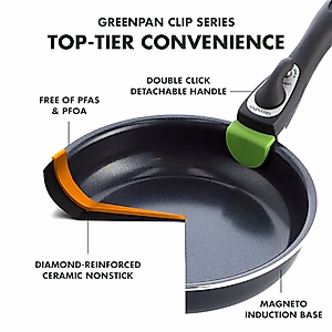 GreenPan Clip Series 10" Frying Pan Skillet with Detachable Handle, Aluminum, Healthy Ceramic Nonstick Coating, Induction, Dishwasher Safe, PFAS-Free, Black