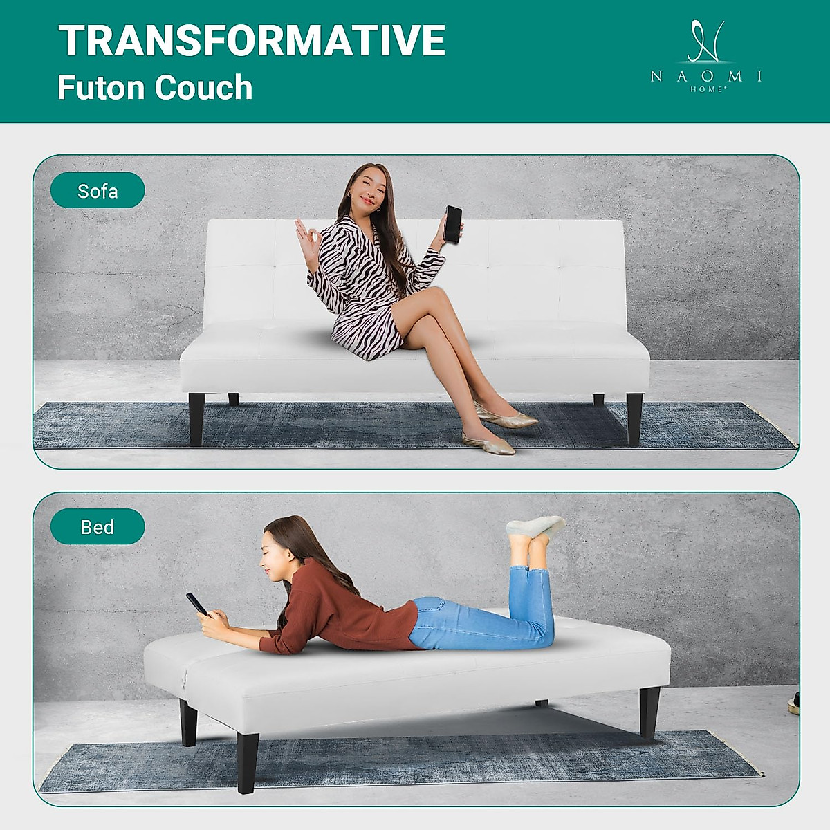 Naomi Home White Faux Leather Convertible Futon Sofa Bed, Button Tufted, 3 Positions, Small Couch Bed with Wooden Legs, 58 lbs, 500 lbs Capacity