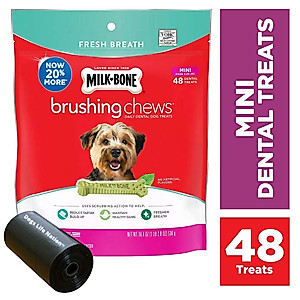 48 Mini Milk-Bone Fresh Breath Brushing Chews Daily Dental Dog Treats and Dogs Life Nation Waste Bag Bundle