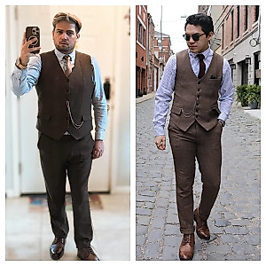 Ceehuteey Men's Retro Dress Suit Pants Thick Wool Flat Front Herringbone Tweed Trousers(Brown, 34W x 30L)