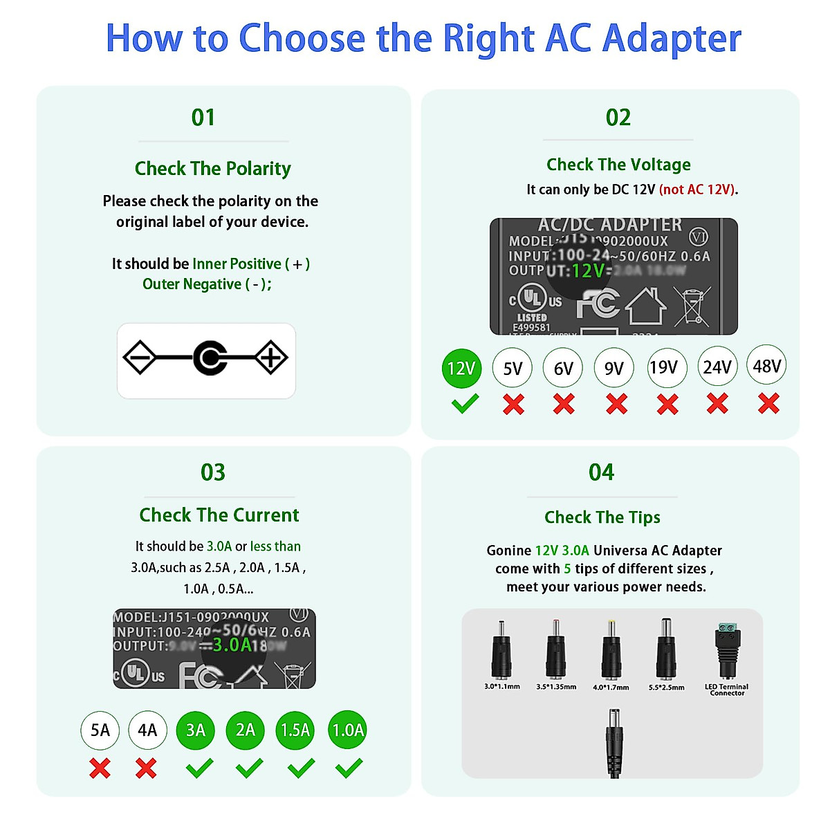 Gonine 12V 3A Power Supply Cord UL Certificate, 100V - 240V AC to DC 12 Volts 3A 2A Power Adapter for 12Vdc Wireless Router, Neck Shoulder Massager, LED Strip Lights, CCTV Cameras, Hard Drivers.