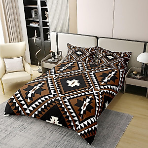 100% Cotton Rustic Western Queen Bedding Set for Men,Southwestern Aztec Comforter Cover Bohemian Duvet Cover Ethnic Mexican Style Geometric Diamond Quilt Cover Brown Black White Farmhouse Room Decor