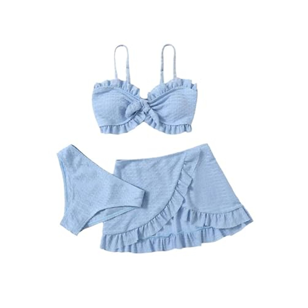 COZYEASE Girls' 3 Pcs Set Tie Front Ruffle Trim Bikini Swimsuit with Beach Skirt Cute Frill Wrap Swimsuit Light Blue 11-12Y
