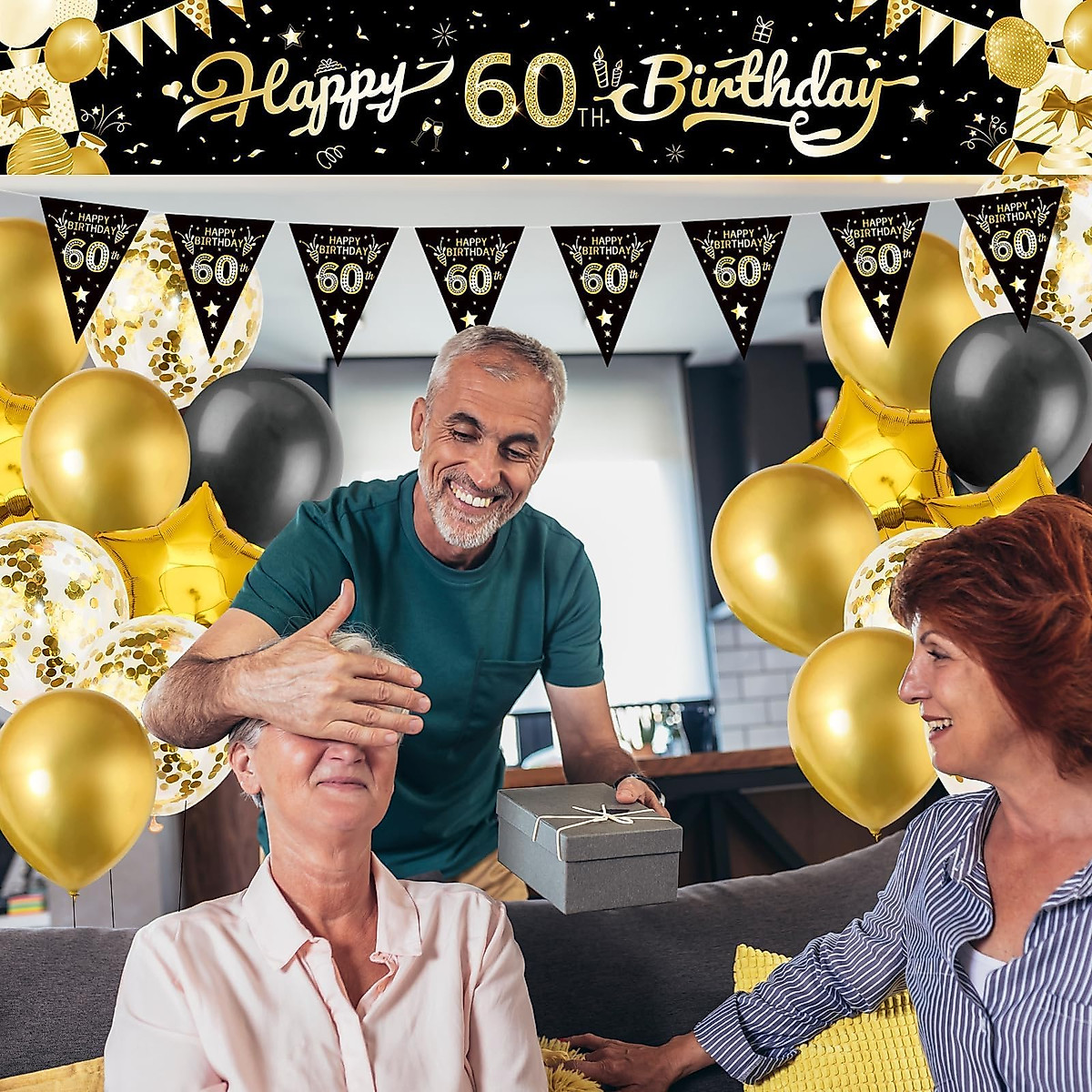 60th Birthday Decoration Happy Birthday Party Decoration Set Black and Gold Banner Balloons Backdrop for Men and Women