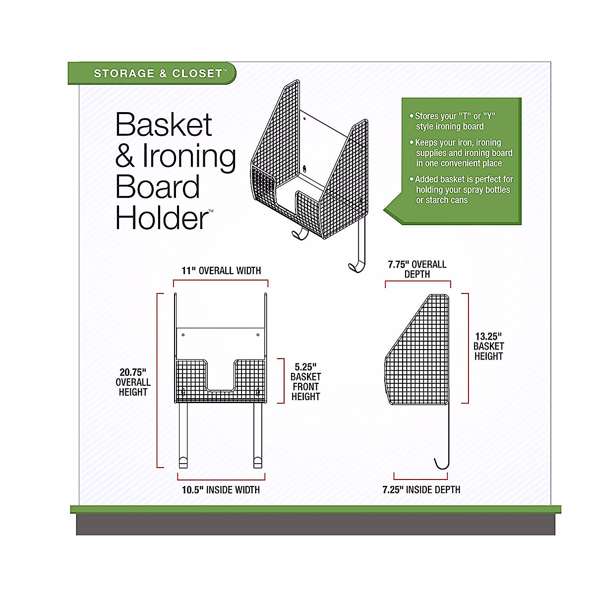Spectrum Storage Basket, Heat-Resistant Ironing Board Holder Open Wire, Laundry Room Décor & Organization, Pewter
