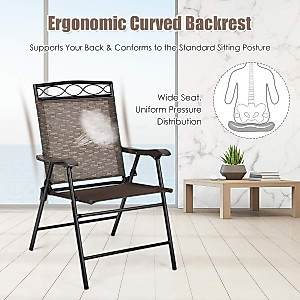 Giantex Set of 2 Patio Chairs, Outdoor Folding Lawn Chairs for Beach, Backyard, Deck, Patio Dining Chairs, Sling Chairs with Armrest and Metal Frame, Folding Camping Chairs (Brown)