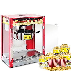 110V US Commercial Popcorn Machine, 8oz Popcorn Maker with Stainless-Steel Kettle,1400 W Countertop Popcorn Maker ，Movie Theater Popper with 3-Switch Control Steel Frame Acrylic Doors, Red