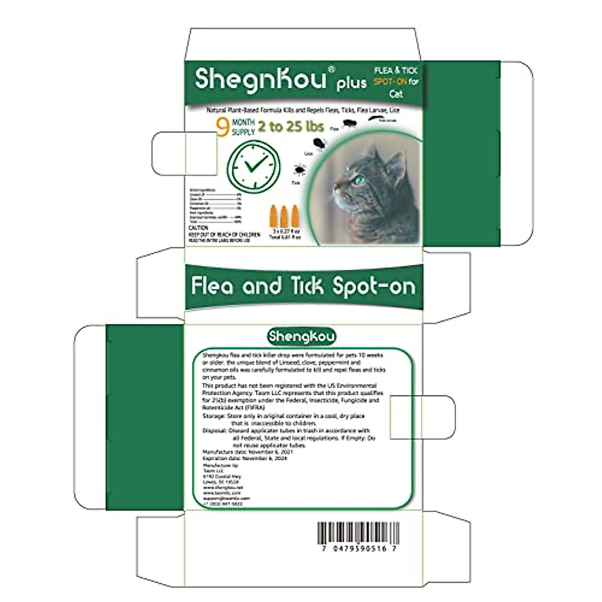 Cat Flea and Tick Treatment and Prevention, Effective Spot-On Made with Natural Formula, 2-25 lbs, (9 Month Supply)