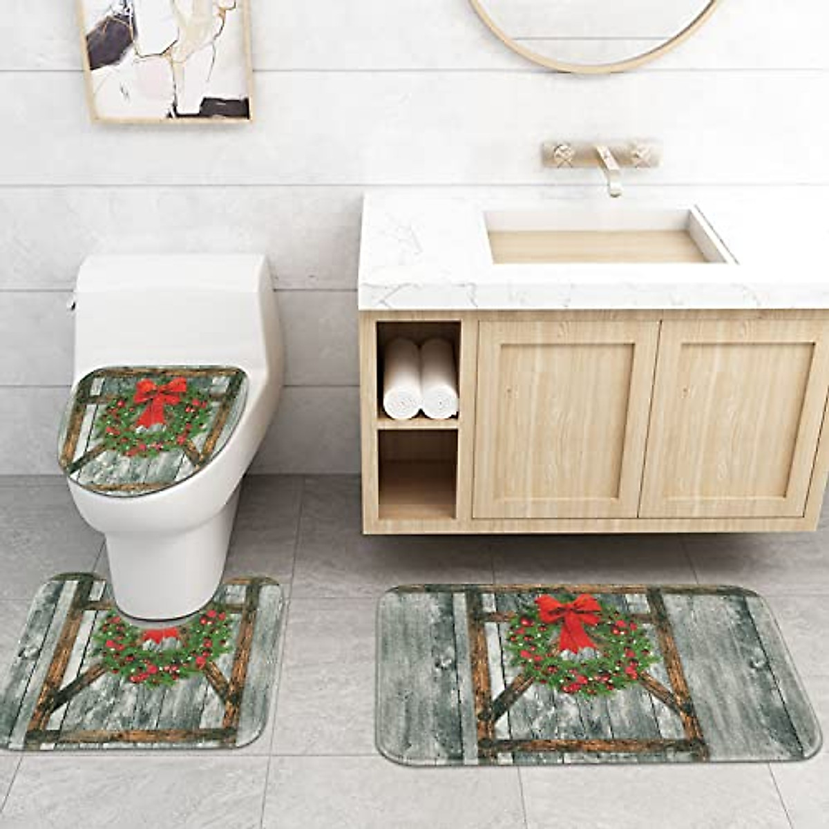 Likiyol 4 Pcs Christmas Wooden Door Shower Curtain Sets with Non-Slip Rugs, Toilet Lid Cover, Bath Mat and 12 Hooks, Christmas Bow Knot with Pine Cone Shower Curtain Christmas Bathroom Set