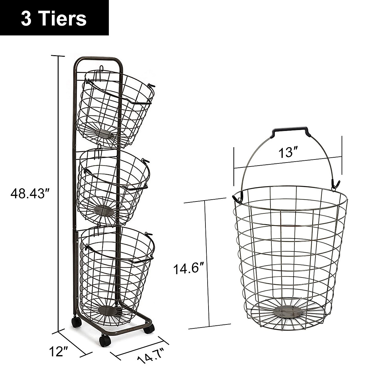 Ganggend 3-Tier Laundry Basket with Lockable Wheels, Wire Laundry Hamper with Rubber Handle Laundry Cart Storage Rolling Hamper for Organizing Clothes