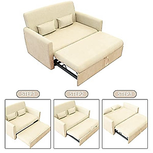 MIYZEAL 55'' Convertible Sleeper Sofa Bed, Velvet Loveseat Sofa with Pull-Out Bed, 2 Seater Couch Bed with Adjustable Backrest, Pull Out Lounge Chaise with 2 Pillows Office (Beige)