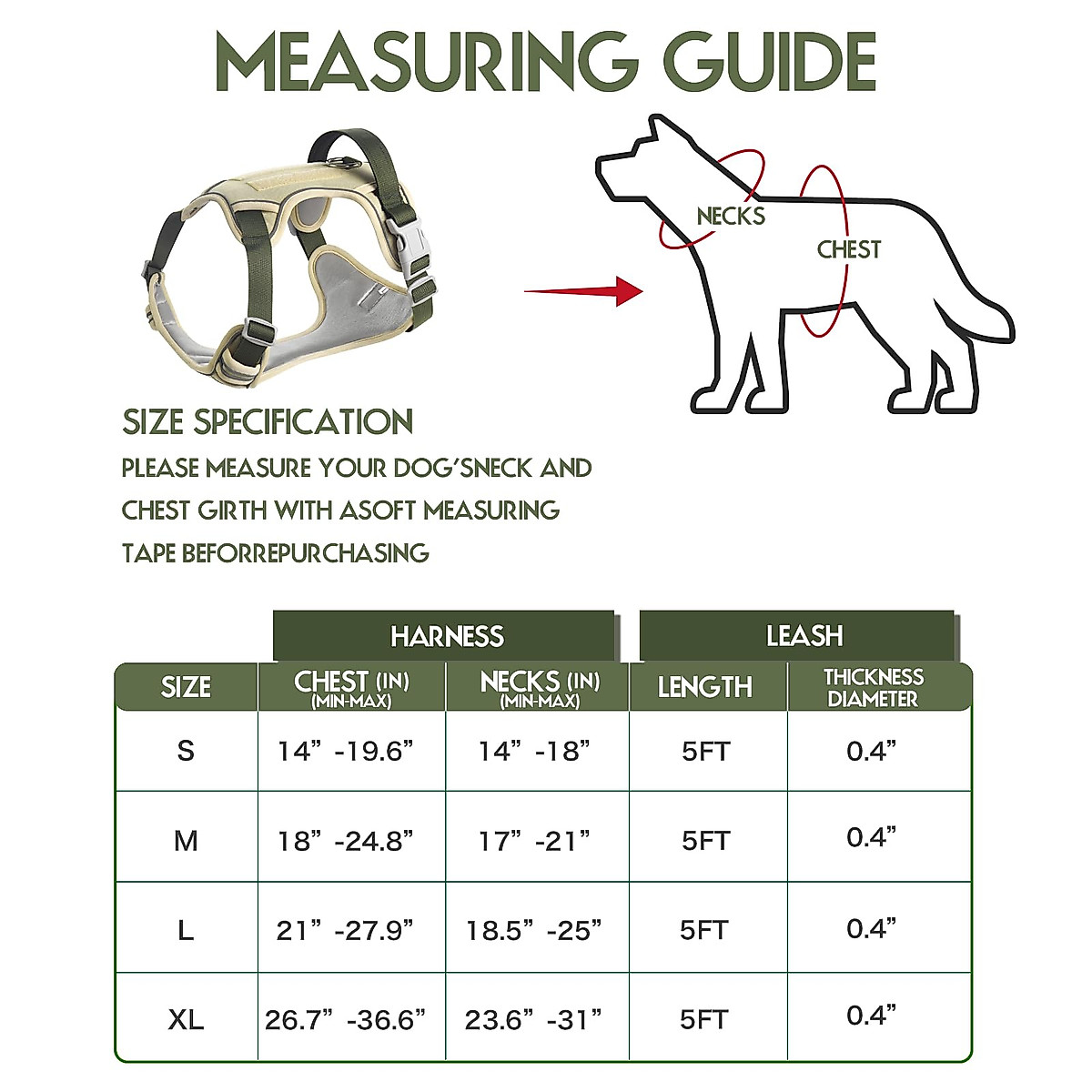 YIJISKY Dog Harness Adjustable Reflective Easy Control for Medium/Large Dog Harness with A Free Heavy Duty 5ft Dog Leash (XL (Neck: 23.6"-31", Chest: 26.7"-36.6")(Khaki, Extra Large)