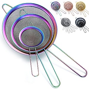 Kyraton Rainbow Fine Mesh Strainer 3 Pieces Set, Copper Flour Sifter For Baking, Stainless Steel Clander, Matcha Tea Strainer, Gravy Separator, Stasher Sieve Pasta Strainers