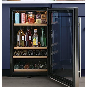 GE Wine Cooler & Beverage Refrigerator | Mini Fridge With Lock & Key Included | Complete With Oak Shelving, Glass Exterior & Warm Interior Lighting | Fits 109 Cans or 31 Wine Bottles | Stainless Steel