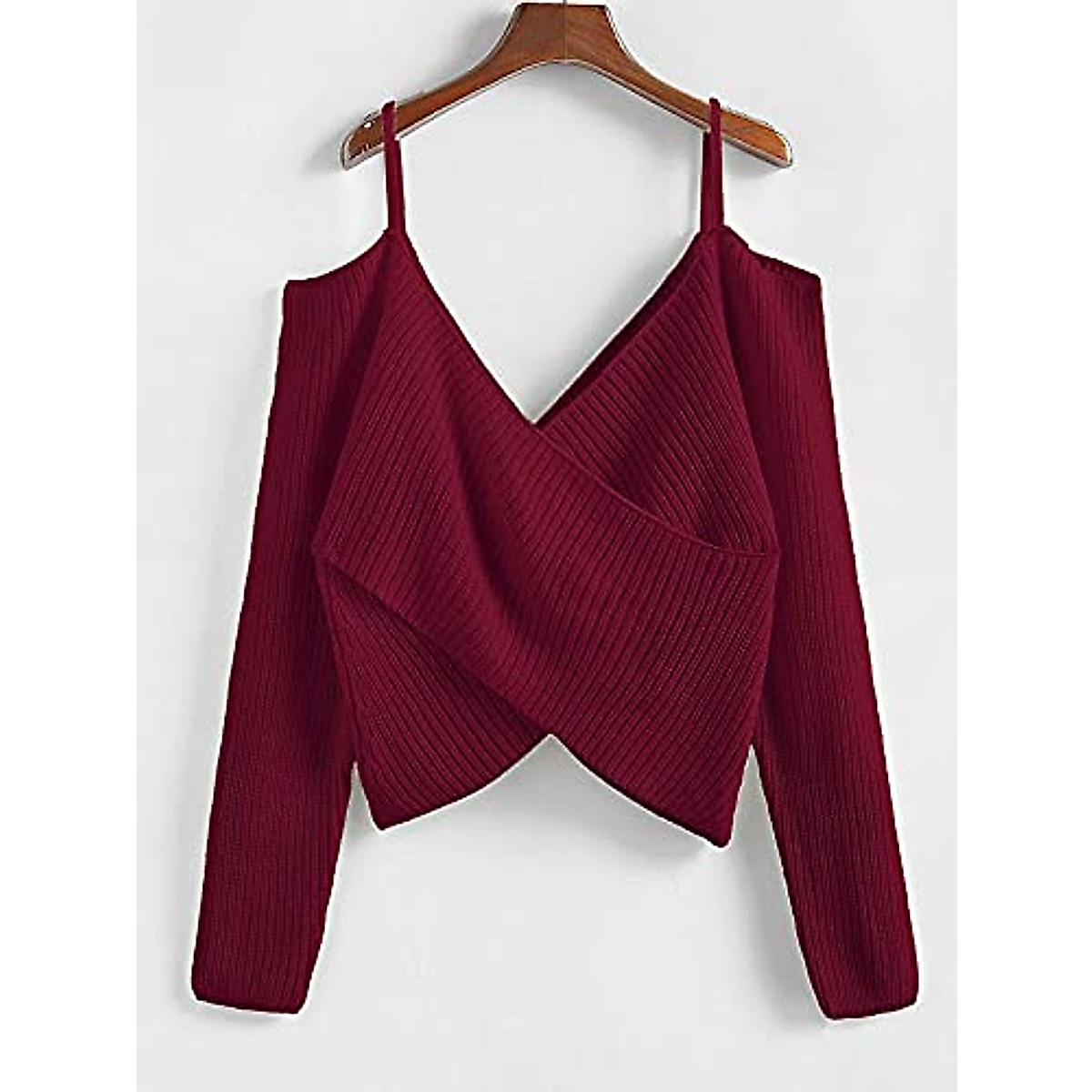 ZAFUL Women's Cold Shoulder Twist Knot Pullover Sweater V Neck Criss Cross Long Sleeve Cami Knitted Jumpers Crop Tops