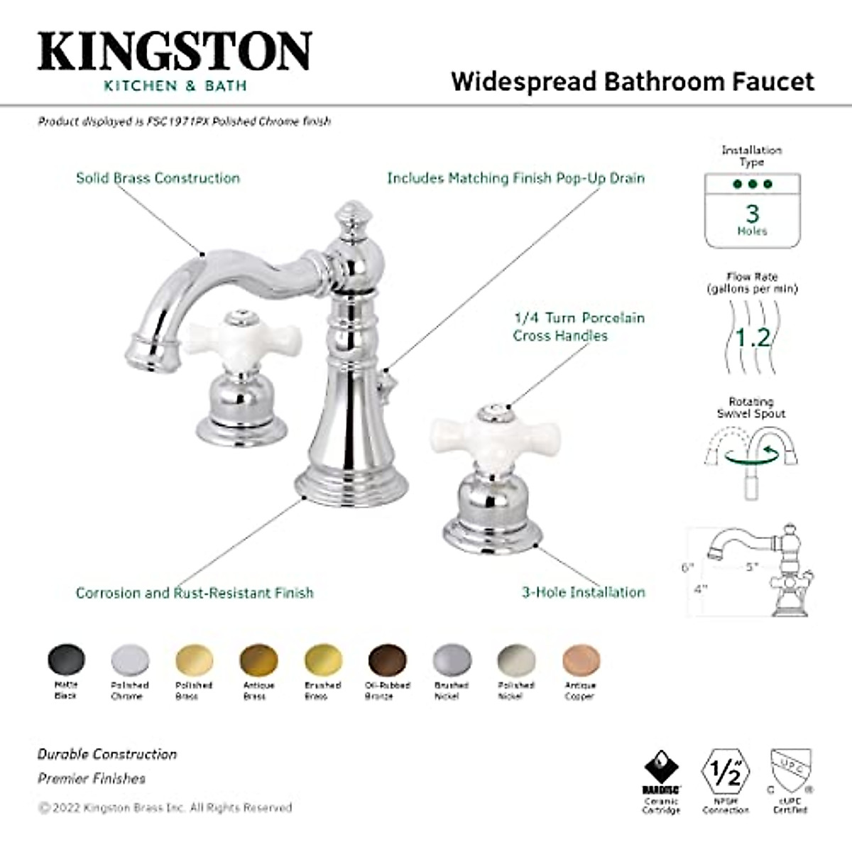 Fauceture FSC1971PX American Classic Widespread Bathroom Faucet with Pop-Up Drain, Polished Chrome