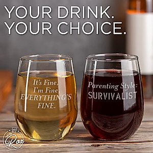 On The Rox Drinks Wine Gifts for Moms - 17oz Everything's Fine and Survivalist Stemless Wine Glass Set of 2 - Funny Mom Gifts for Mother's Day, Christmas, Birthday - Daughter's Best Mom Ever Gift