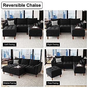Belffin Black Velvet Fabric U Shaped Sectional Couch with Chaise Small Reversible Sectional Sofa Couch 4-Seater Sectional Sofa Sleeper with Storage Ottoman Foot Rest for Apartment