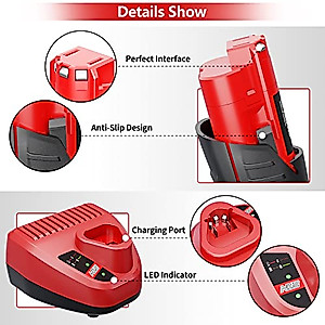 Bonadget 2Pack 3000mAh 12V Battery and Charger Compatible with Mil-Wkee Replacement for 12Volt Battery and Charger Kit 48-11-2401/48-11-2402/48-11-2410/48-11-2411/48-11-2412/48-11-2460