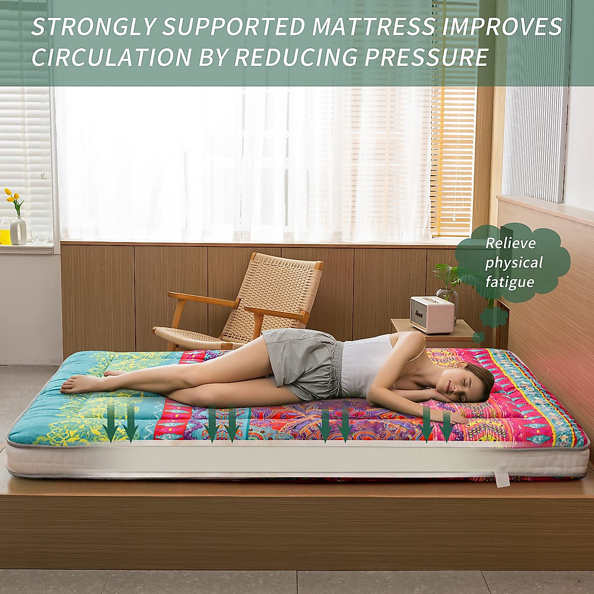 MAXYOYO Queen Futon Floor Mattress Shikibuton Mattress Sleeping Mats for Adults Japanese Mattress Roll Up Mattress Foldable Mattress for Floor, Bohemian B