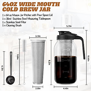 Cold Brew Coffee Maker - 64 oz Wide Mouth Mason Jar Pitcher with Stainless Steel Filter, Coffee Scoop, and Cleaning Brush -Glass Pitcher for Iced Coffee, Tea - Includes Pour Spout Handle Lid