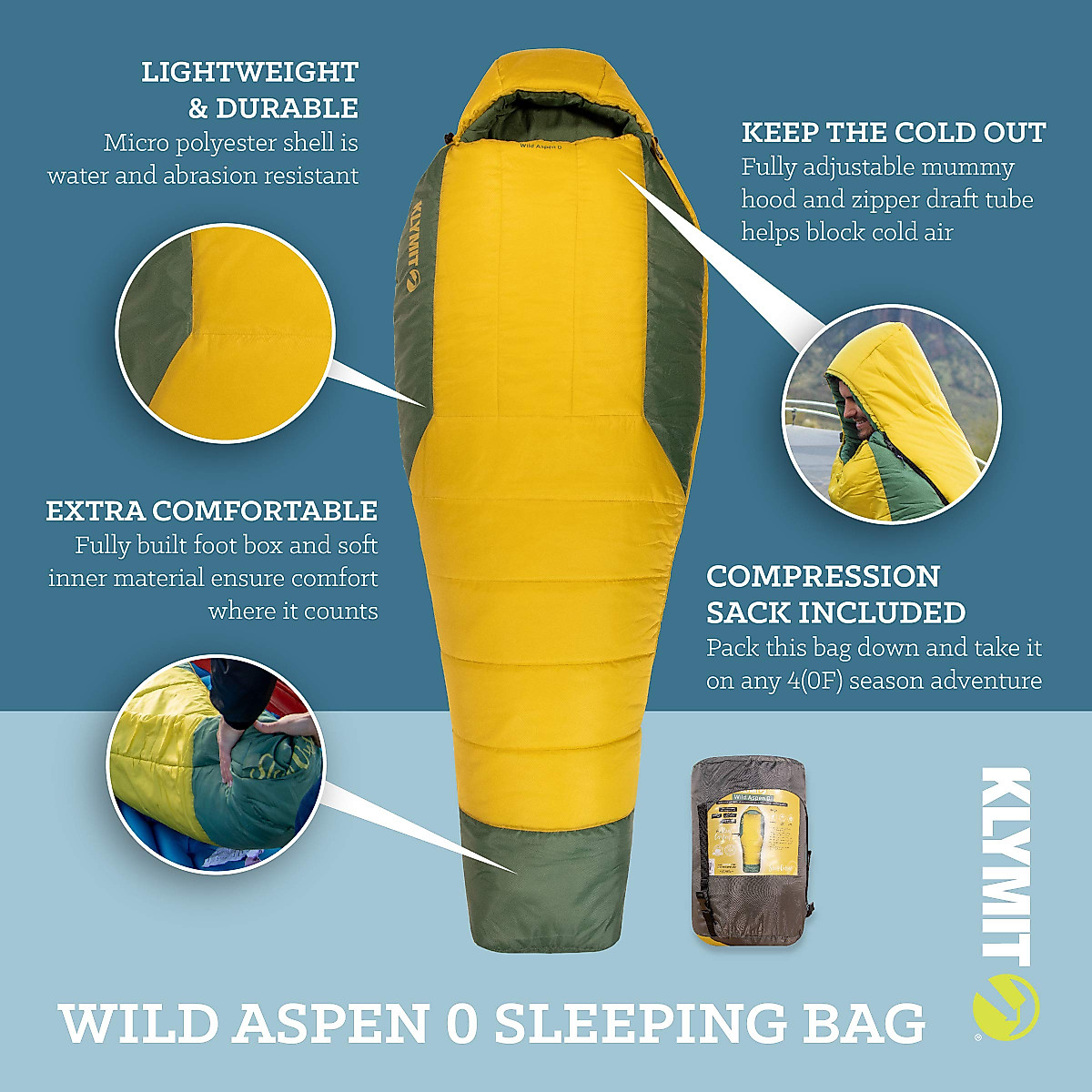 Klymit Wild Aspen Lightweight Mummy Sleeping Bag, Cold Weather Sleeping Bag for Camping, Hiking, and Backpacking, Yellow