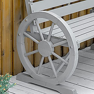 Outsunny Wooden Wagon Wheel Bench, Rustic Outdoor Patio Furniture, 2-Person Seat Bench with Backrest, Light Grey