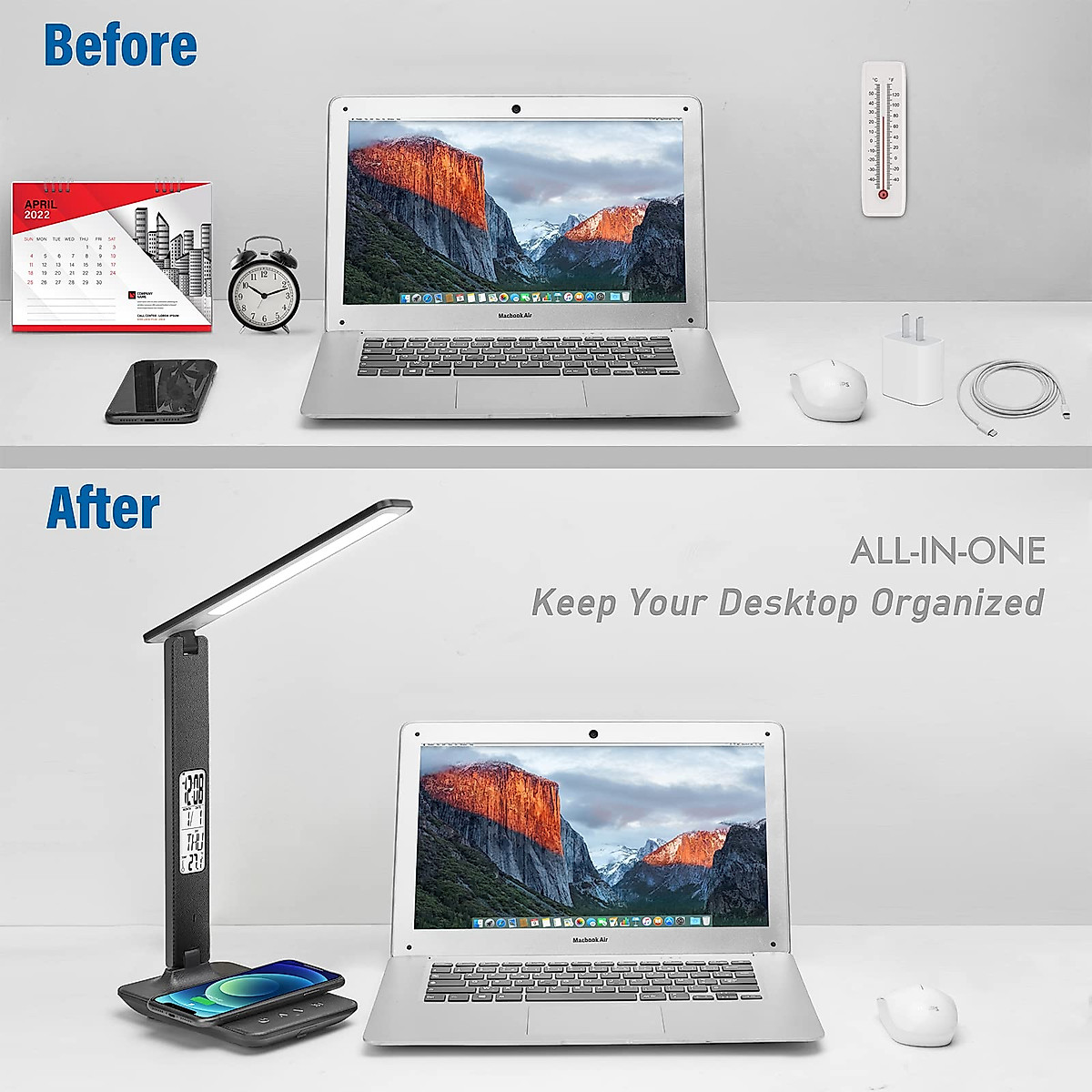 Yeslights Desk Lamp, LED Desk Lamp with Wireless Charger, Desk Lamps for Home Office, USB Charging Port, Desk Light with Clock, Alarm, Date, Temperature-Black