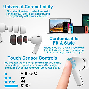 Naztech Xpods PRO - True Wireless Noise Cancelling Earbuds w/Touch Control, IPX4 Water-Resistant, HD Sound, Secure Fit for Sports, Gym Workouts & More, Includes Wireless Charging Case - White