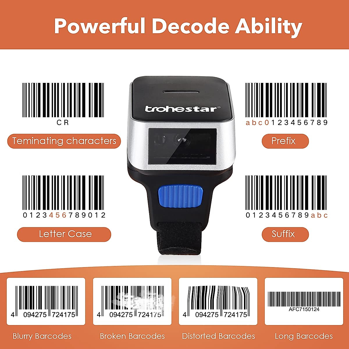 Trohestar Bluetooth Barcode Scanner, Wearable Mini CCD Wireless Ring Barcode Scanner Portable 1D Bar Code Reader Inventory Scanner Work with Windows iOS Android Linux Mac OS