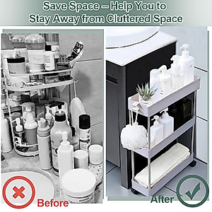 Slim Storage Cart, 3 Tier Mobile Shelving Unit Organizer, Slide Out Rolling Utility Cart Shelf Rack for Kitchen Bathroom Laundry Room Narrow Places, Plastic & Stainless Steel, Gray