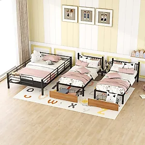 FANYHOME Full Over Twin & Twin Size Metal Bunk Bed with Drawers and Staircase, Divided into 4 Separate Beds, Heavy-Duty Steel Frame Bunk Bed for Kids Teens Adults (Black)