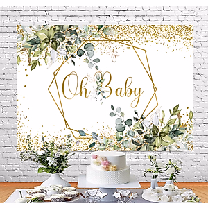 InMemory Greenery Oh Baby Baby Shower Backdrop Glitter Gold Eucalyptus Neutral Baby Shower Photography Background Green Leaves Boy Girl Newborn Oh Baby Gender Party Decoration Photo Booth Banner 5x3ft