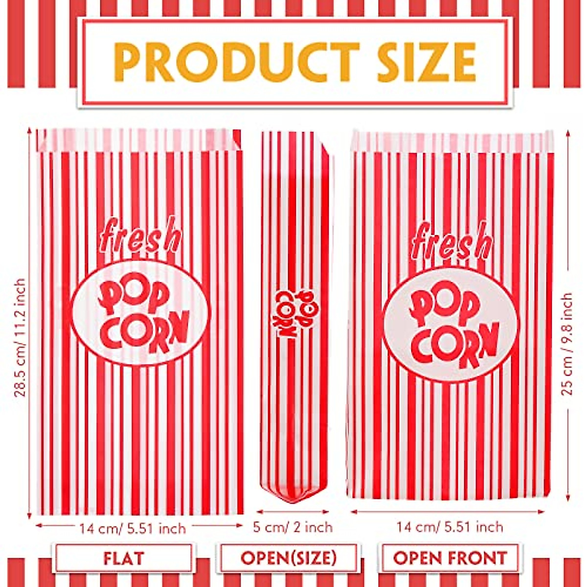300 Pcs Paper Popcorn Bags Bulk Popcorn Bags Individual Servings Paper Sleeves Vintage Red and White Striped Pop Corn Bags for Party Movie Night Carnival Supplies Popcorn Machine Accessories (2 oz)
