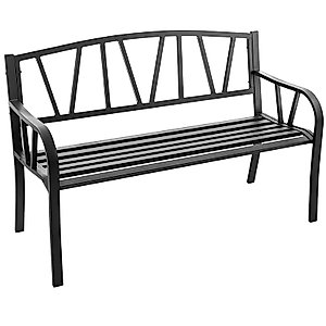 Giantex Garden Bench for Outside 50 Inch - Outdoor Bench with Metal Frame, Patio Metal Bench with Backrest, Armrests and Slatted Seat for Park, Porch, Backyard, 660 lbs Max Load, Black