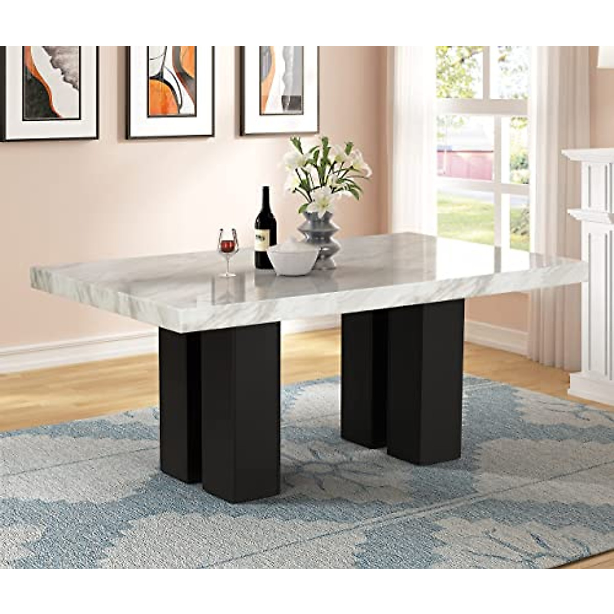 Melpomene Premium 7-Piece Dining Table Set with One 70" L Faux Marble Dining Rectangular Table and 6 Upholstered-Seat Chairs for 6, for Dining Room and Living Room Furniture (Blue)