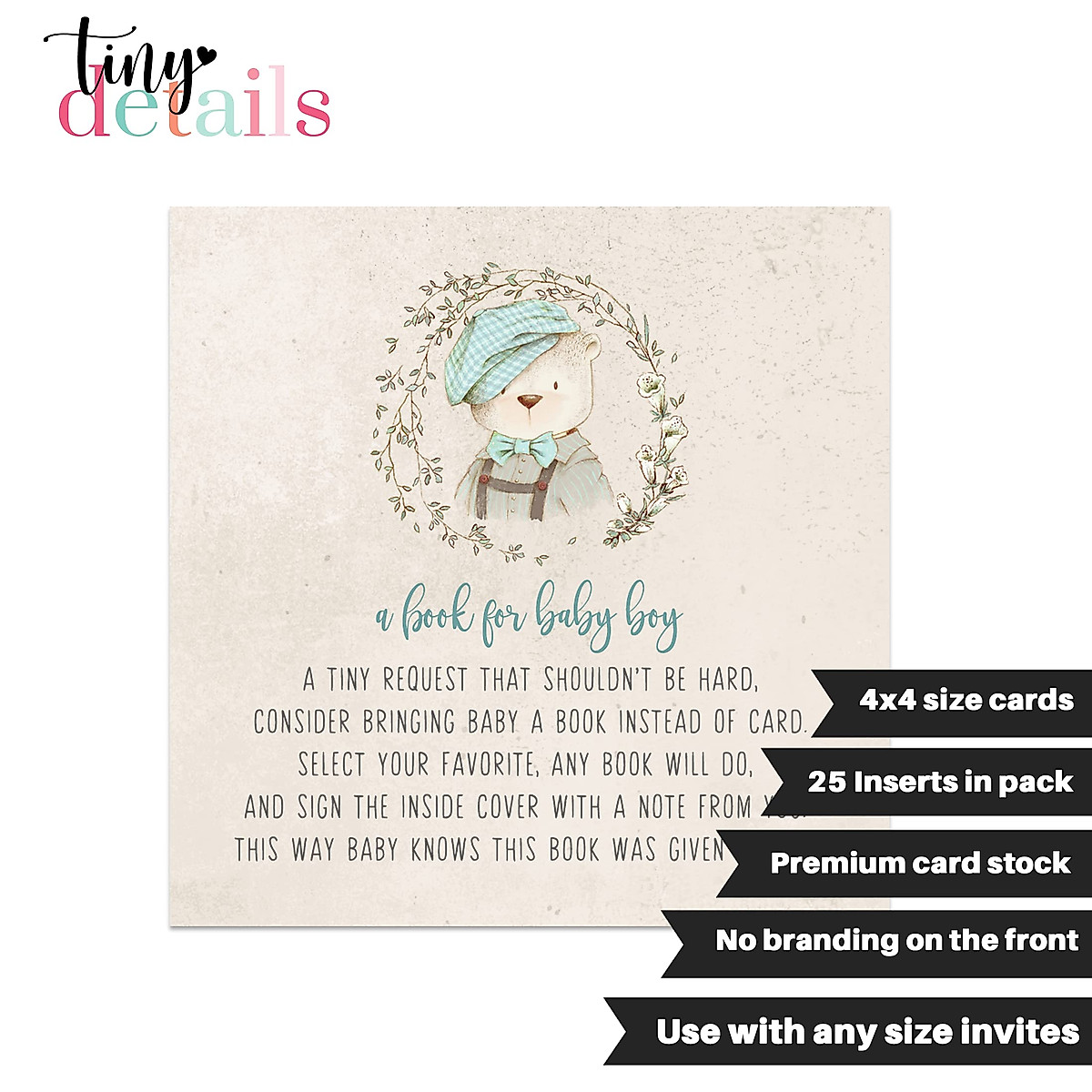 Paper Clever Party Teddy Bear Bring a Book Cards for Baby Shower (25 Pack) Boys Invitation Insert for Bow Tie Parties – Rustic Greenery Theme Blue – 4x4 Printed Card Set