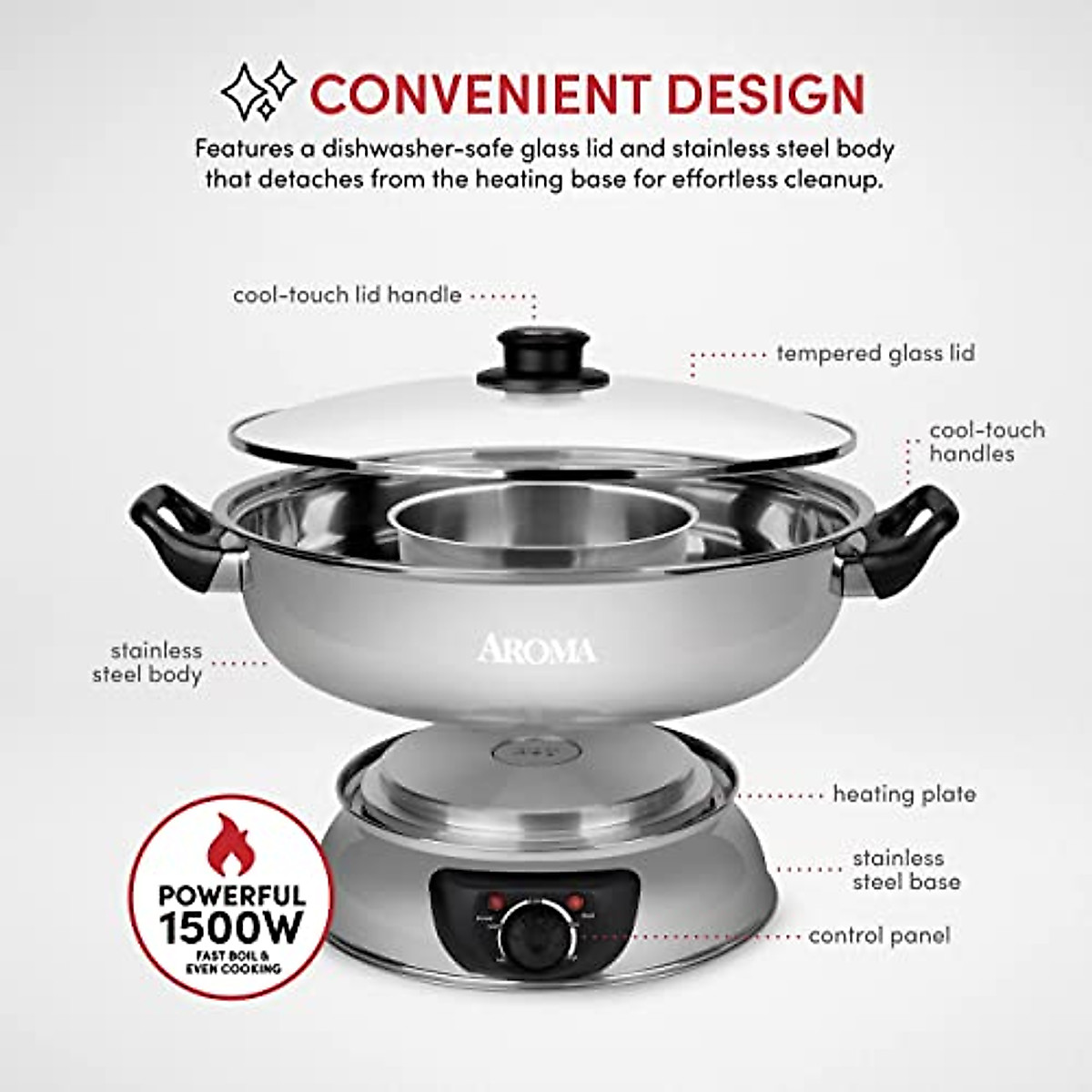 Aroma Stainless Steel Hot Pot, Silver (ASP-600), 5 quart