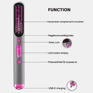 Meog Lileis Hair Straightening Brush, Cordless Hair Iron with 9000mAh Battery, Ionic Mini Hair Straightening Comb, 3 Temperature Adjustments, Ceramic Heater, USB-C, 10in, 590g