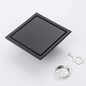 DEOKXZ 6 Inch Black Square Shower Floor Drain, with Removable Grille Cover Tile Insert Hidden Form, SUS304 Stainless Steel