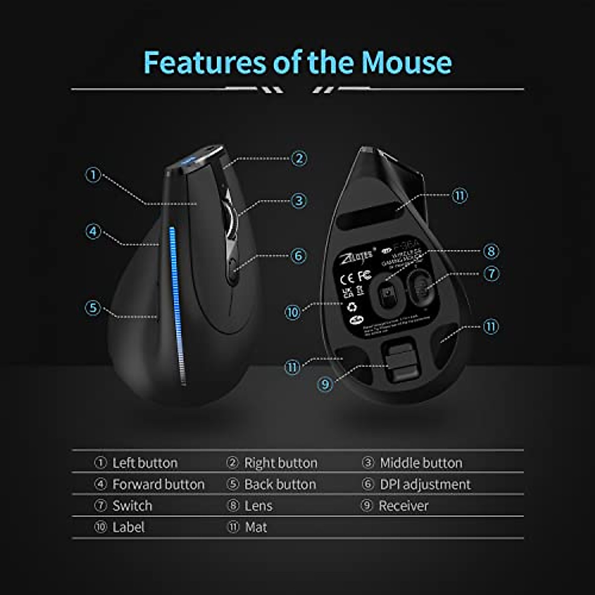 zelotes Ergonomic Vertical Wireless Optical Rechargeable USB Computer Right Handed Mouse