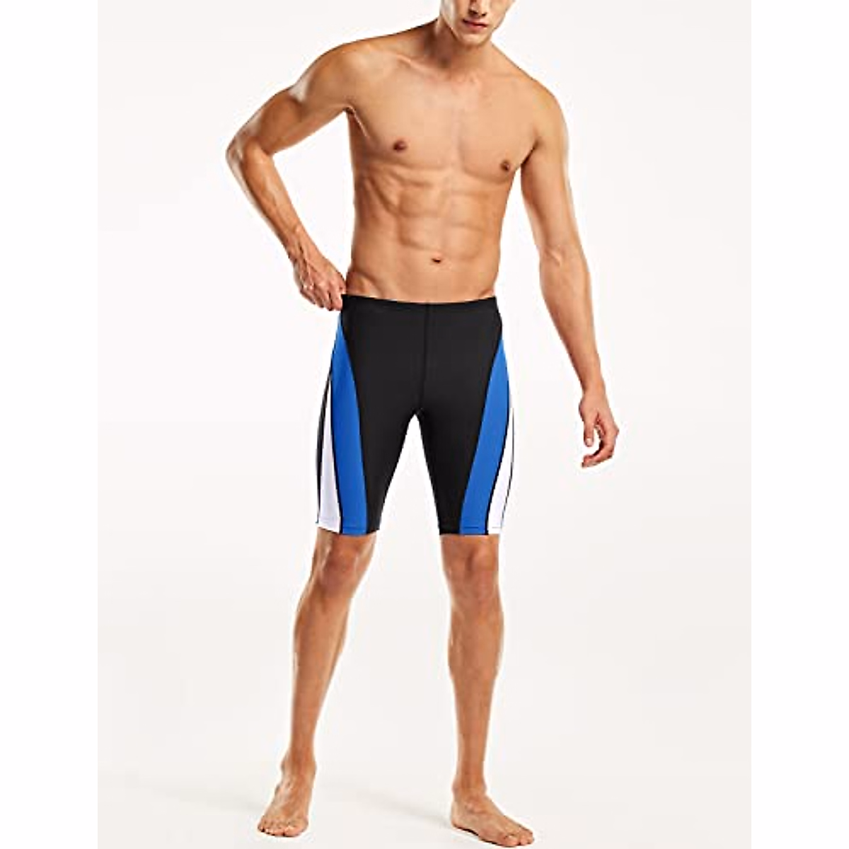 TSLA Men's Swim Jammers, Athletic Racing Swimming Shorts Trunks, UPF 50+ Sun Protection Endurance Triathlon Swimsuit, Splice Black & Blue & White, 40