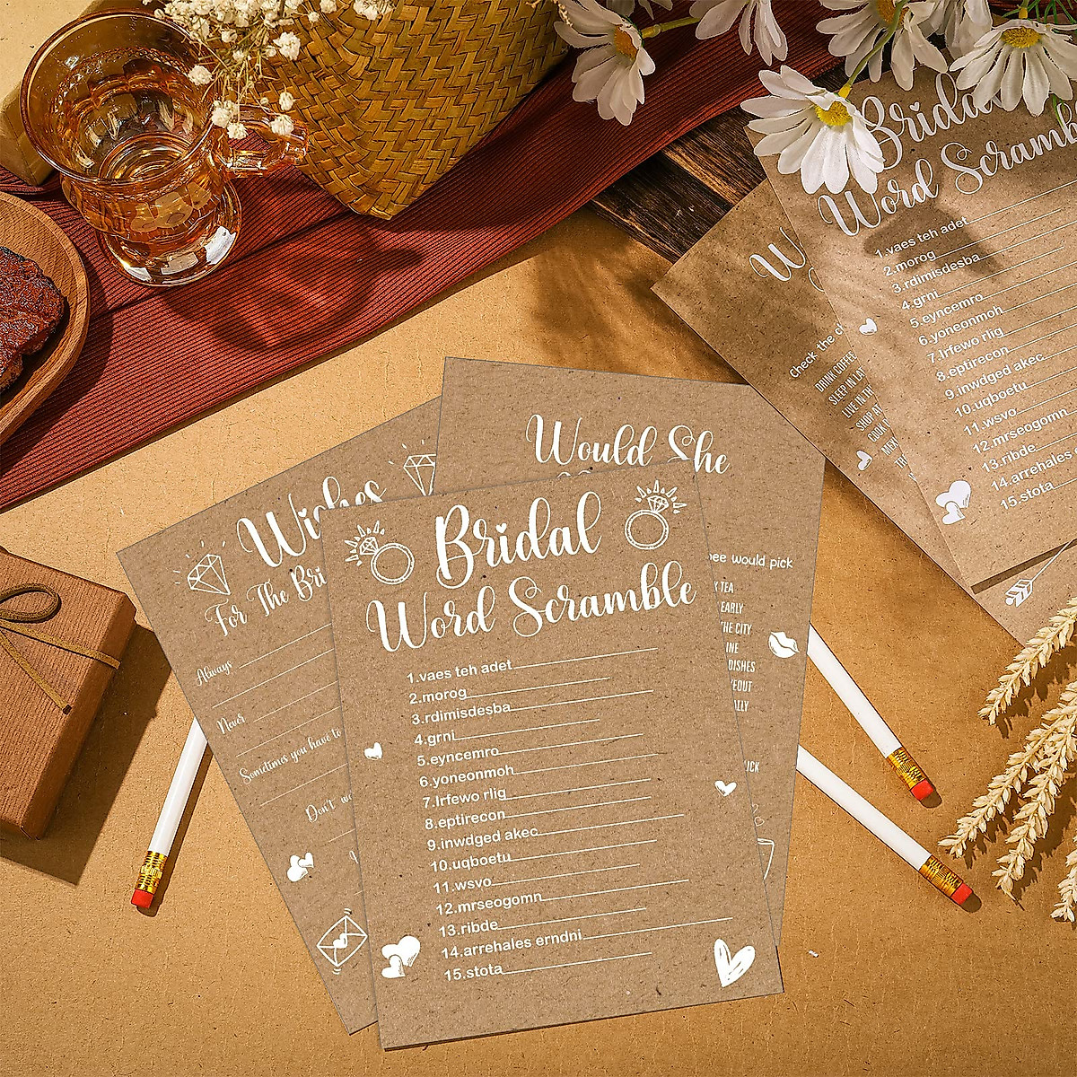145 Pieces Rustic Kraft Bridal Shower Bachelorette Games Bridal Shower Games Set Include Wedding Games Cards and Pencils for Bride and Groom Bachelorette Party Wedding Shower Party Favor