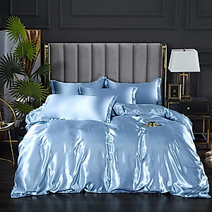 Feelyou Light Blue Silk Like Satin Bedding Set Queen Women Duvet Cover Set Luxury Soft Comforter Cover Adults Bedroom Decor Chic Luxurious Silky Bedspread Cover Zipper (1 Duvet Cover + 2 Pillow Case)