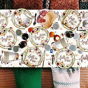 Fall in Love Bridal Shower Decorations,Fall Floral Pumpkin Disposable Tableware Set Includes Fall Dinner Plate,Tablecloths,Cup for Bridal Shower,Anniversary,Wedding Decorations