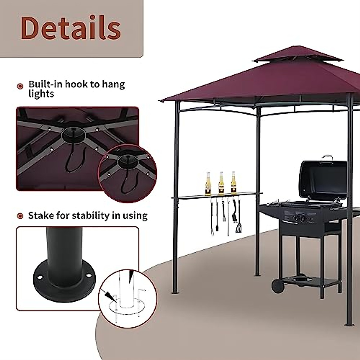 Outdoor Grill Gazebo BBQ Canopy for Outdoor Barbeque Shelter Girll Canopy Grill Gazebo Hardtop (L96 x W60 x H101 Inch) Red